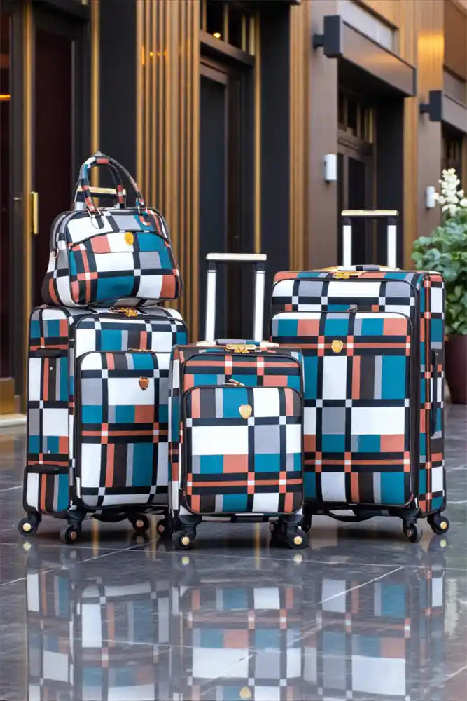 Lightweight PU Leather Check Full Set Spinner Wheel Checked Bags ...